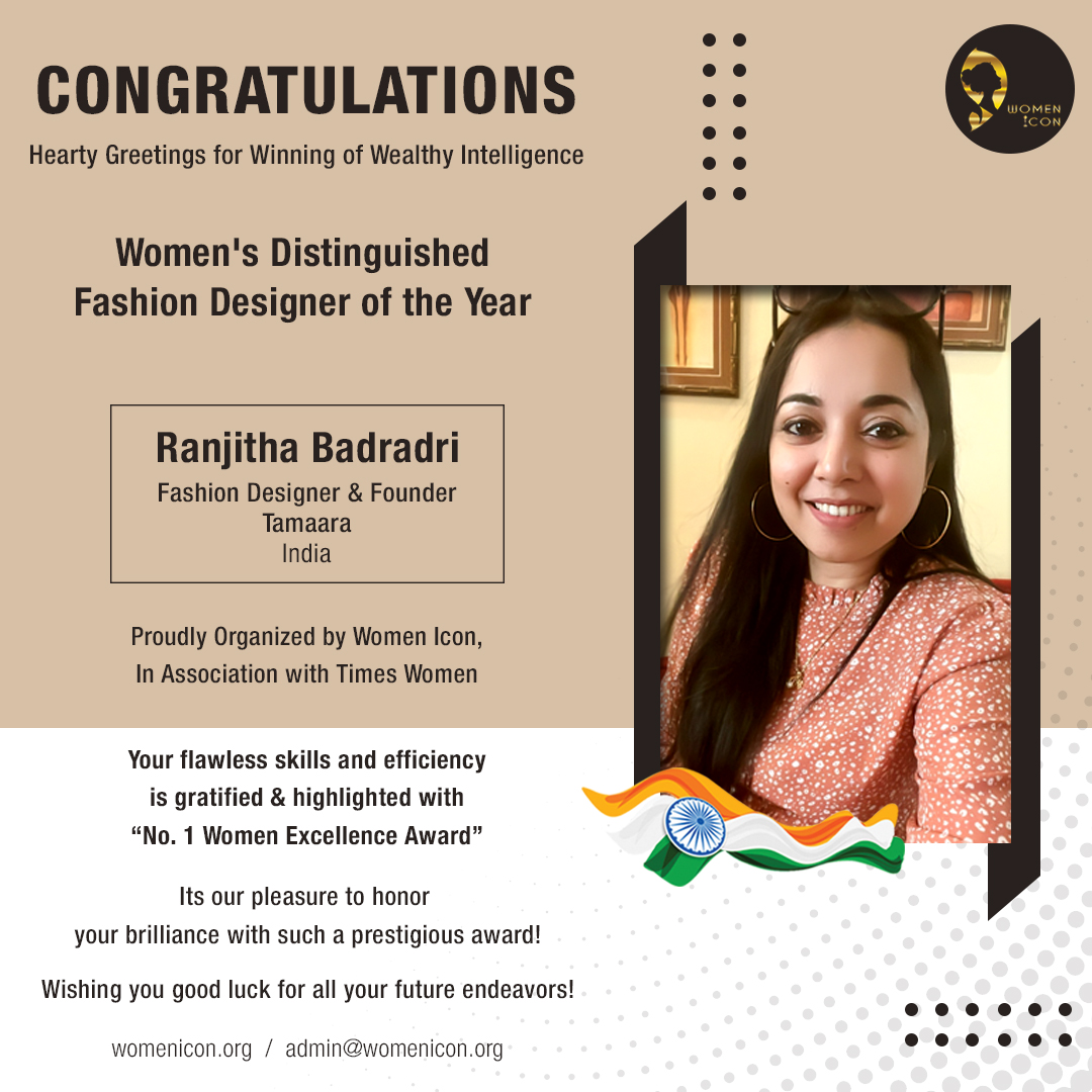 Ranjitha Badradri has bagged Women's Distinguished Fashion Designer of ...